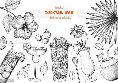 알코올 칵테일 손으로 그린 벡터 일러스트레이션 칵테일 스케치 세트 각인 된 스타일 열대 컬렉션 토닉 워터에 대한 스톡 벡터 아트
