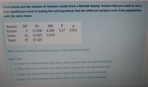 answered given below are the analysis of variance results from a