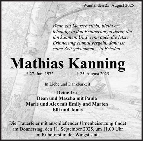 Mathias Kanning Traueranzeige Niederelbe Zeitung