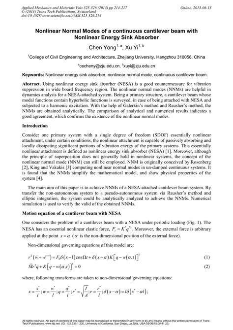 Pdf Nonlinear Normal Modes Of A Continuous Cantilever Beam With Nonlinear Energy Sink Absorber