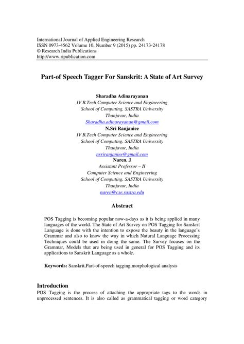 Pdf Part Of Speech Tagger For Sanskrit A State Of Art Survey