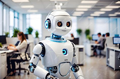 현대 사무실에서 일하는 로 휴머노이드 인공지능과 기계 학습의 개념 프리미엄 사진