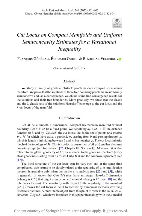 Pdf Cut Locus On Compact Manifolds And Uniform Semiconcavity Estimates For A Variational