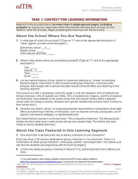 Task Part A Context For Learning Elementary Literacy EdTPA Studocu