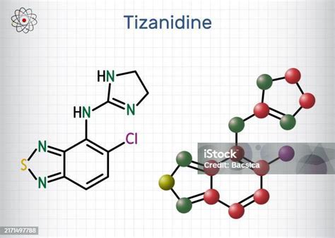 티자니딘 약물 분자 근육 경련의 치료에 구조 화학식 분자 모델 새장에 있는 종이 한 장 벡터 일러스트 레이 션 건강관리와 의술에 대한 스톡 벡터 아트 및 기타 이미지