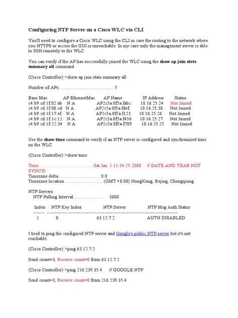 Configuring Ntp Server On A Cisco Wlc Via Cli Summary All Command Pdf Wide Area Network