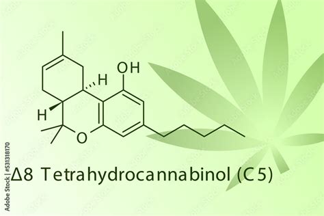 Δ8 Tetrahydrocannabinol Molecular Structure On Green With Leaf Illustration Background