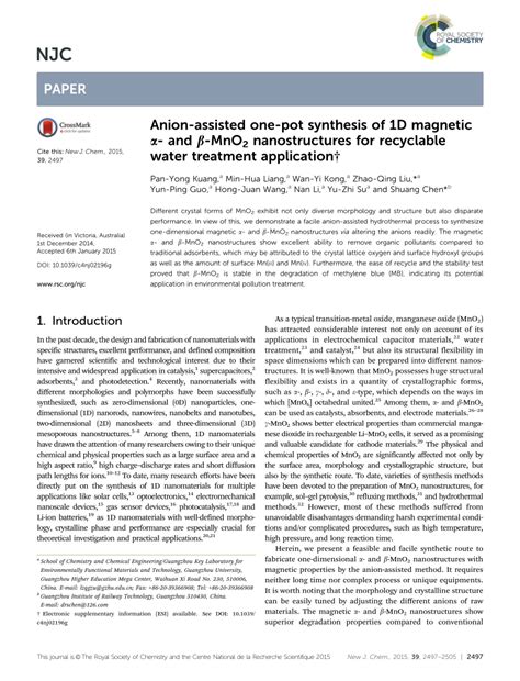 Pdf Anion Assisted One Pot Synthesis Of 1d Magnetic α And β Mno2 Nanostructures For