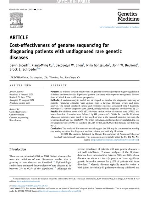 Pdf Cost Effectiveness Of Genome Sequencing For Diagnosing Patients With Undiagnosed Rare