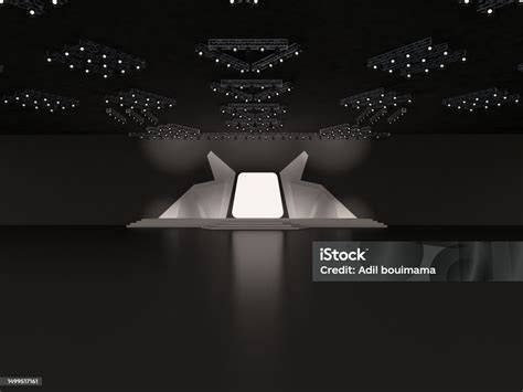 계단이 있는 미래 지향적인 하이테크 빈 무대 디자인을 이벤트합니다 정면도 프로젝션용 Led 스크린 및 천장 스포트라이트 시스템 맞춤형 디자인 홀의 플랫폼 요소 3d 렌더링