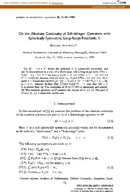 Pdf On The Absolute Continuity Of Schrödinger Operators With Spherically Symmetric Long Range