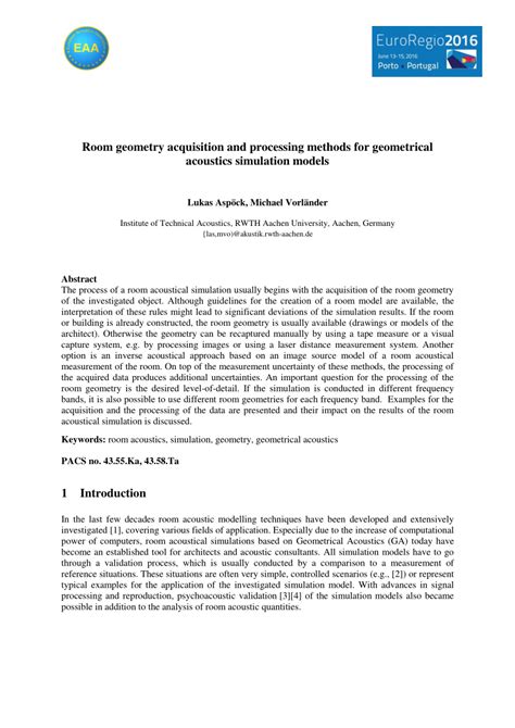 Pdf Room Geometry Acquisition And Processing Methods For Geometrical Acoustics Simulation Models