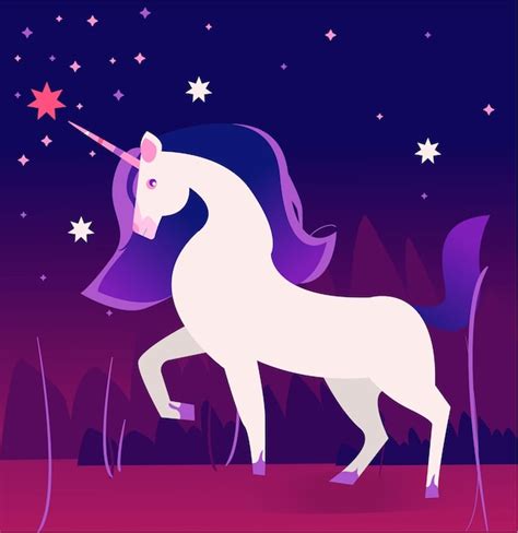 마법의 숲에서 어두운 배경에 보라색 머리와 분홍색 별을 가진 흰색 유니콘 편집 가능한 벡터 프리미엄 벡터