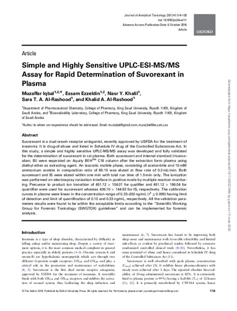 Pdf Simple And Highly Sensitive Uplc Esi Ms Ms Assay For Rapid Determination Of Suvorexant In