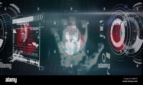 Human Hand Scanning Over Biometric Scanner Against Digital Interface With Data Processing Stock