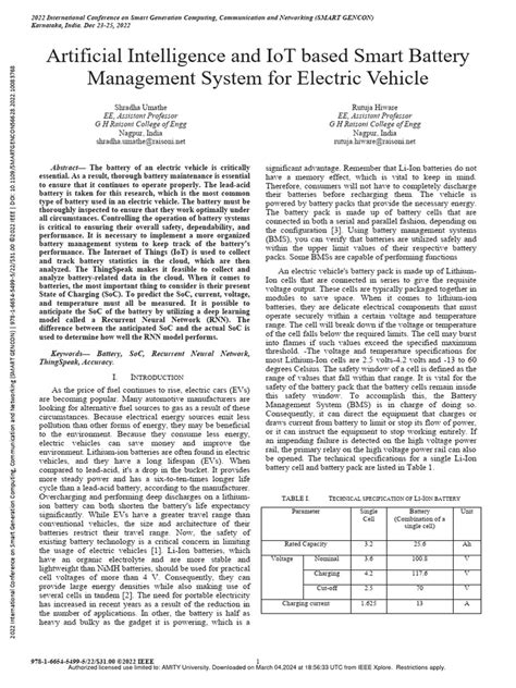 artificial intelligence and iot based smart battery management system for electric vehicle pdf