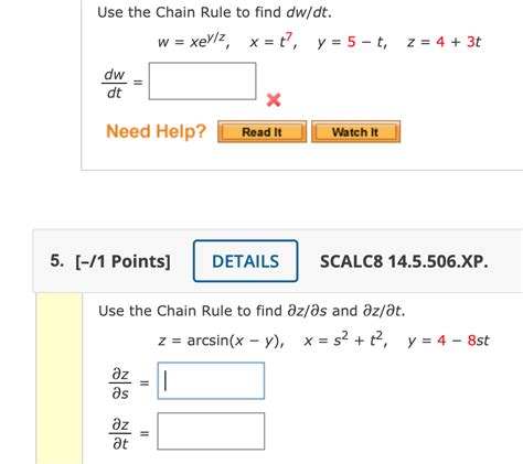 solved use the chain rule to find dw dt xey z x t y