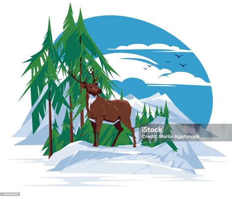 사슴은 돌 위에 홀로 서 있습니다 침엽수 림 산 배경 밝은 하늘 조용한 계절 알래스카 풍경 벡터 플랫 일러스트 레이 션 산에 대한 스톡 벡터 아트 및 기타 이미지 Istock