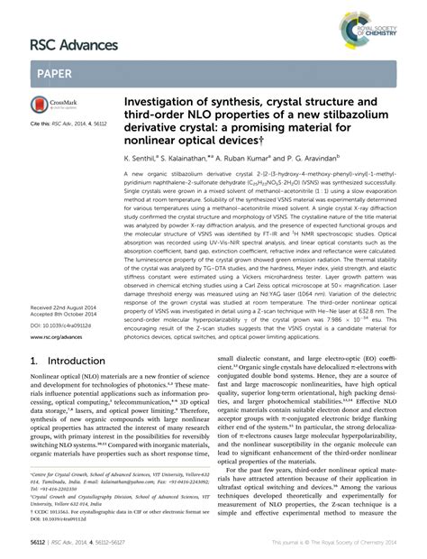 Pdf Investigation On Synthesis Crystal Structure And Third Order Nlo Properties Of A New
