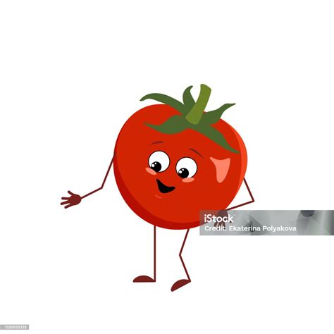 기쁨 감정 웃는 얼굴 행복한 눈 팔과 다리를 가진 귀여운 토마토 캐릭터 눈을 가진 장난 스러운 붉은 야채 영웅 가공의 인물에 대한 스톡 벡터 아트 및 기타 이미지 Istock