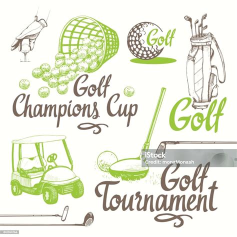 골프 바구니 신발 자동차 퍼 터 볼 장갑 가방 세트 손으로 그린 스포츠 장비의 벡터 집합입니다 흰색 바탕에 스케치 스타일에서