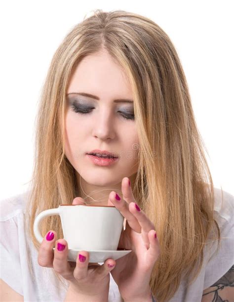 Beautiful Girl Enjoying Coffee On A White Background Stock Image Image Of Portrait Passion