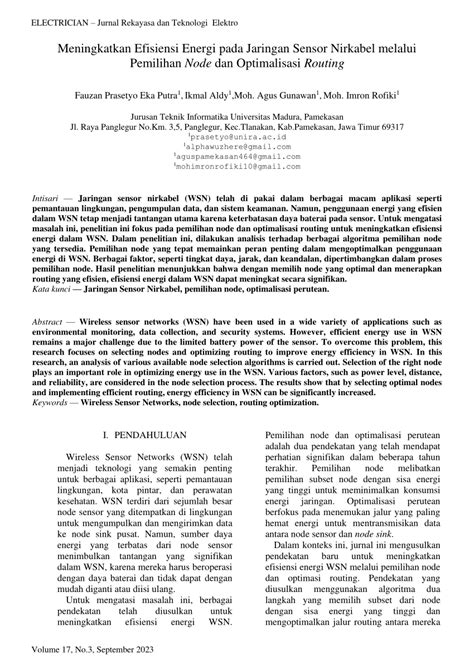 Pdf Meningkatkan Efisiensi Energi Pada Jaringan Sensor Nirkabel Melalui Pemilihan Node Dan