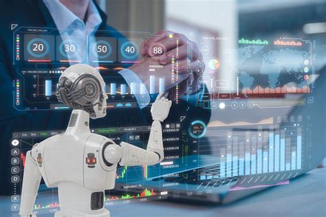 Ai 인공 지능과의 챗봇 채팅 기술을 활용한 사업가 스마트 로봇 Ai 인공 지능 Ai 로봇을 활용한 투자 거래 디지털 트랜스포메이션 기술 금융에 대한 스톡 사진 및 기타