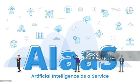 Aiaas 서비스 개념으로서의 인공 지능은 큰 단어와 파란색 스타일의 관련 아이콘으로 둘러싸인 사람들입니다 개념에 대한 스톡 벡터 아트 및 기타 이미지 Istock