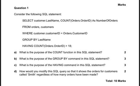 Solved Marks Question 1 Consider The Following Sql
