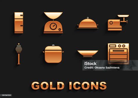 세트 요리 냄비 부엌 고기 분쇄기 오븐 그릇 꿀 디퍼 스틱 음식 냉장고와 비늘 아이콘의 트레이로 덮여 벡터 가리기에 대한 스톡 벡터 아트 및 기타 이미지 Istock
