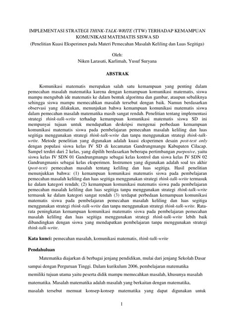 Pdf Implementasi Strategi Think Talk Write Ttw Terhadap Kemampuan Komunikasi Matematis Siswa Sd