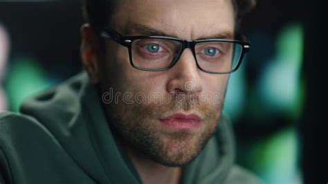 Closeup Man Coder Working Night Datacenter Serious Developer Looking