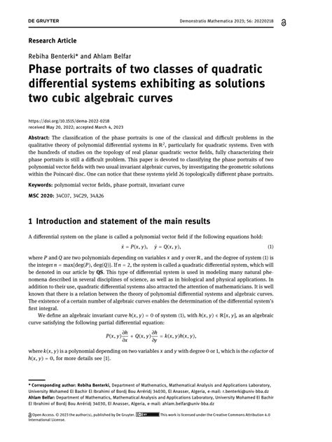 Pdf Phase Portraits Of Two Classes Of Quadratic Differential Systems