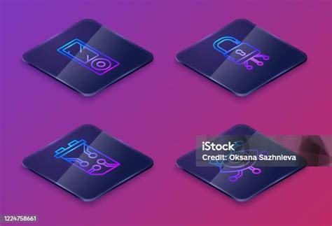 설정 아이소메트릭 라인 음악 플레이어 비디오 그래픽 카드 디지털 회로 기판 및 가상 현실에 잠금 파란색 사각형 버튼입니다 벡터 3차원 형태에 대한 스톡 벡터 아트 및 기타