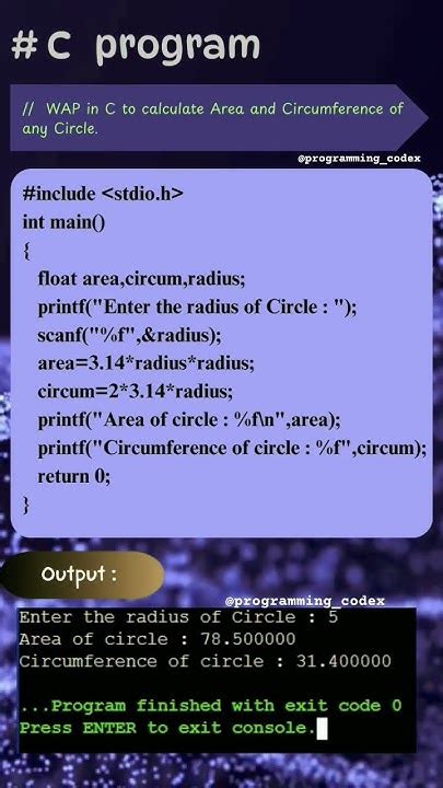 Program Written In C Language To Calculate The Area And Circumference