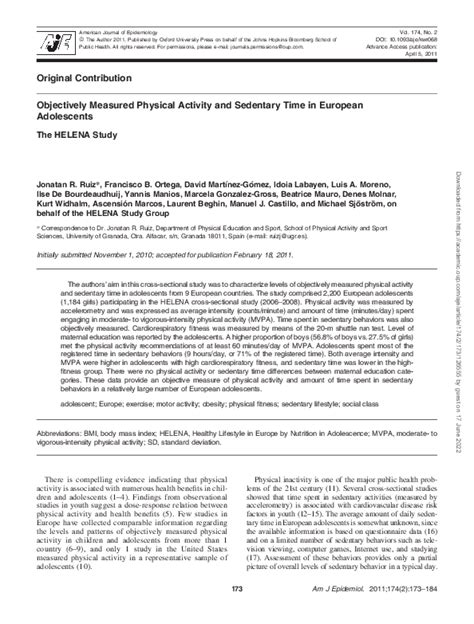 Pdf Objectively Measured Physical Activity And Sedentary Time In European Adolescents The