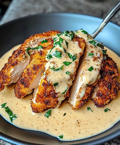 Parmesan Crusted Chicken With Creamy Garlic Sauce