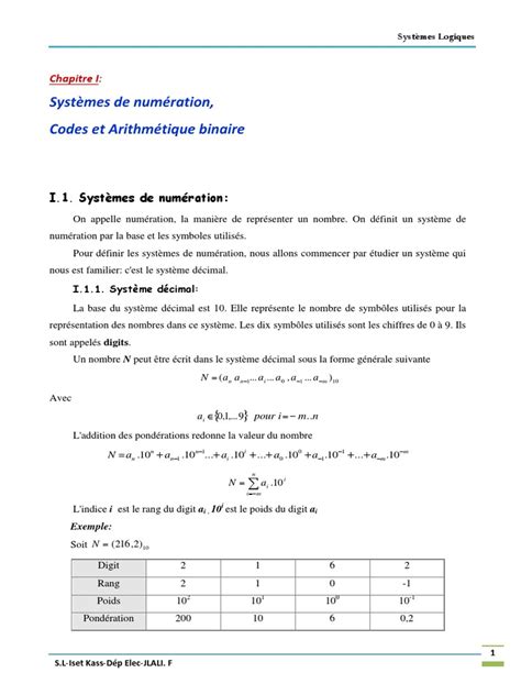 Chapitre 1 Systemes De Numeration Codes Et Arithmetique Binaire Download Free Pdf Décimal