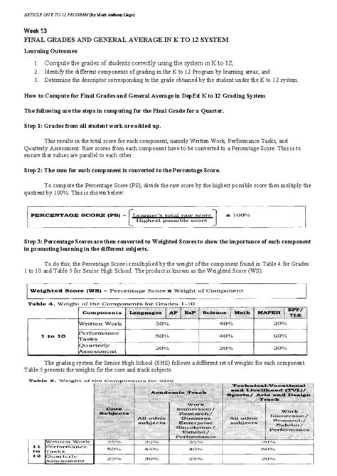 FINAL GRADES AND AVERAGE COMPUTATION IN K TO 12 SYSTEM Studocu