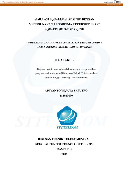 Pdf Simulasi Equalisasi Adaptif Dengan Menggunakan Algoritma Recursive Least Squares Rls