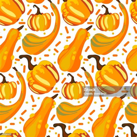 흰색 배경에 평평한 스타일에 줄무늬와 점이 있는 여러 가지 빛깔의 주황색 호박의 벡터 완벽 한 패턴입니다 가을 계절 포장지 화면