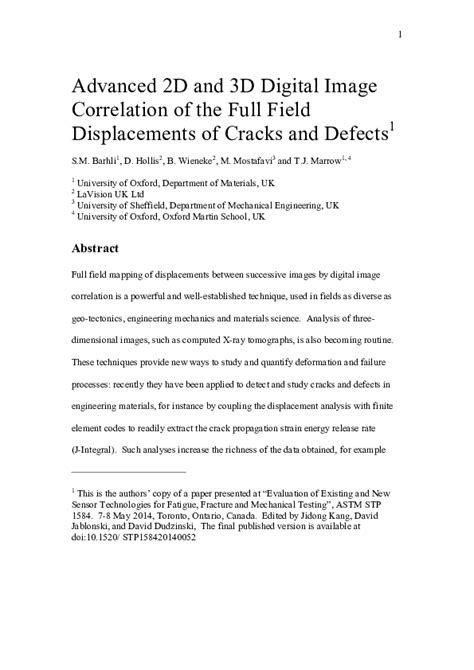 Pdf Advanced 2d And 3d Digital Image Correlation Of The Full Field Displacements Of Cracks And