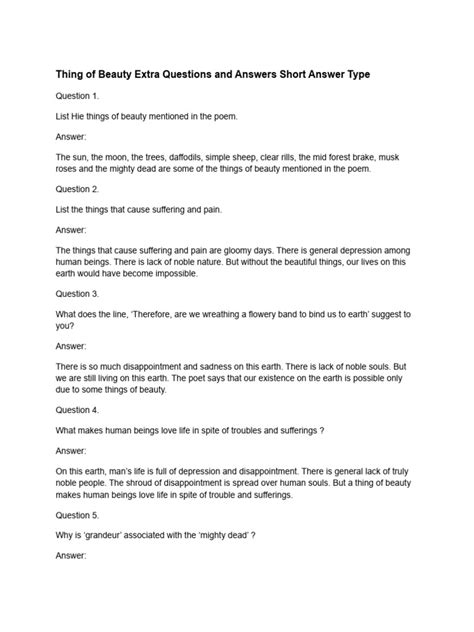 Thing Of Beauty Extra Questions And Answers Short Answer Type Pdf