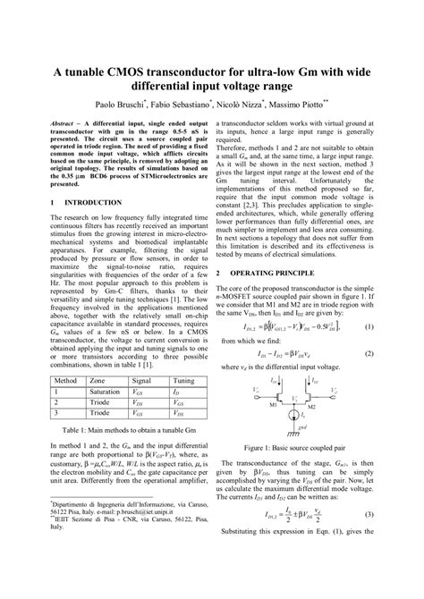Pdf A Tunable Cmos Transconductor For Ultra Low Gm With Wide Differential Input Voltage Range