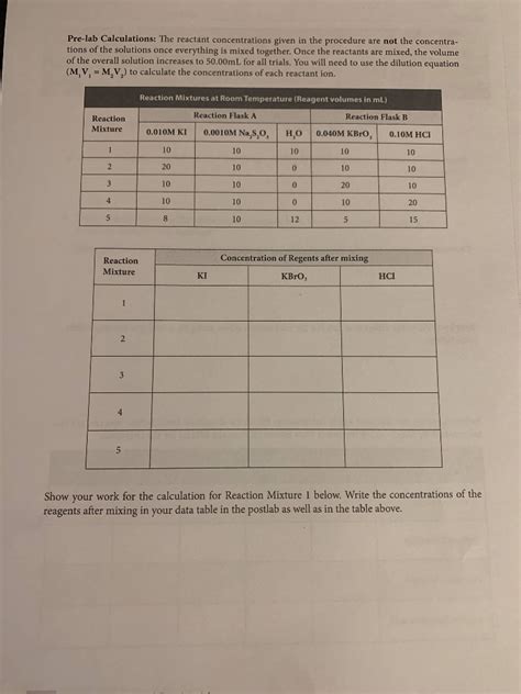 solved pre lab calculations the reactant concentrations