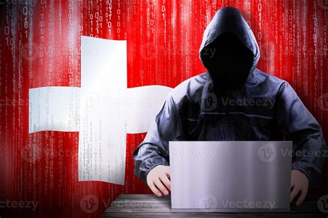 Anonymous Hooded Hacker And Flag Of Switzerland Binary Code Cyber