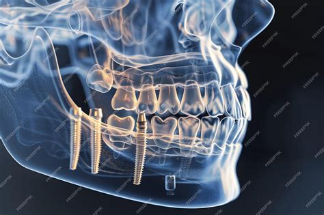 Detailed Xray Visualization Of A Jaw With Dental Implants Premium Ai