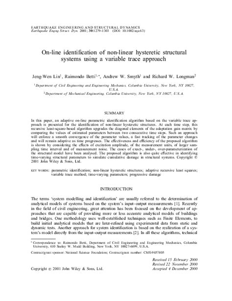 Pdf On Line Identification Of Non Linear Hysteretic Structural Systems Using A Variable Trace