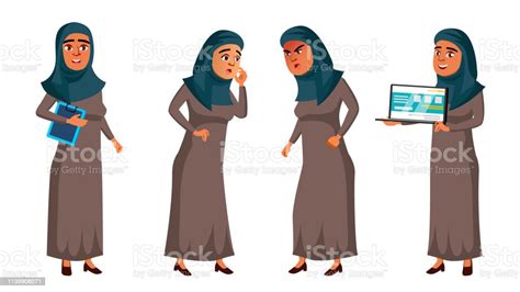아랍 이슬람 십 대 소녀 벡터를 설정 합니다 얼굴 사무실 관리자 사람 웹 브로셔 포스터 디자인 고립 된 만화 삽화 걷기에 대한 스톡 벡터 아트 및 기타 이미지 Istock